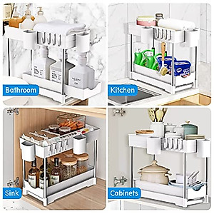 2 Pack Under Sink Organizers and Storage Pull Out Drawers,2 Tier Sliding Under Cabinet Organizer, Bathroom Organizer Under Kitchen Sink Storage, Under Sink Shelf Baskets with 4 Cups 8 Hooks.White…