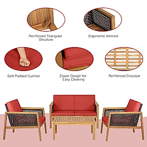 PATIOJOY 4 Pieces Outdoor Acacia Wood Furniture Set, Outdoor PE Wicker Conversation Set with Coffee Table and Soft Cushions, Outdoor Sofa Set for Garden, Poolside and Backyard (1, Red)