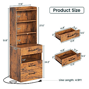 AOGLLATI Tall Night Stand with Charging Station and LED Lights, Nightstand with 3 Drawers, Bedside Table with Bookshelf, Modern End Side Table for Bedroom, Rustic Brown