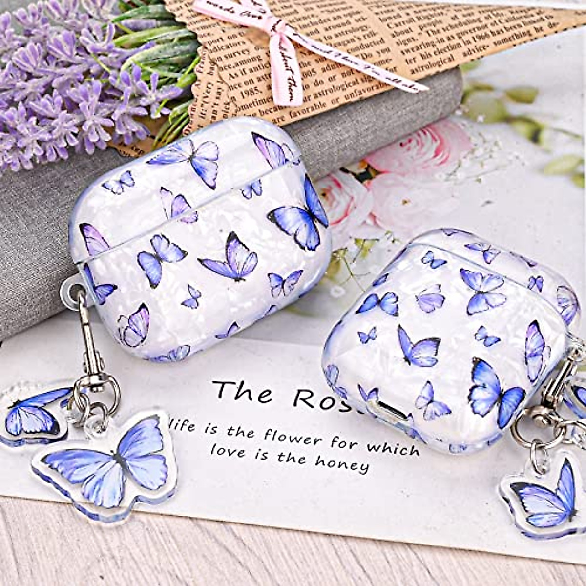 Cute Airpod Case with Butterfly Pendant, Kawaii Dreamy Blue Butterfly Shell Design Soft Shockproof Protective Cover Compatiable with Airpods Pro Case for Girls and Womens