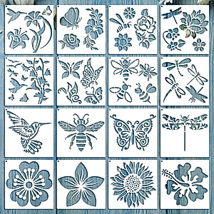 16 Pieces Flower Stencil for Painting Bee Sunflower Butterfly Spring Stencil Large Template Reusable Summer Painting Stencil and Metal Open Ring for DIY Craft on Wood Wall Home Decor(5.1 x 5.1 Inch)