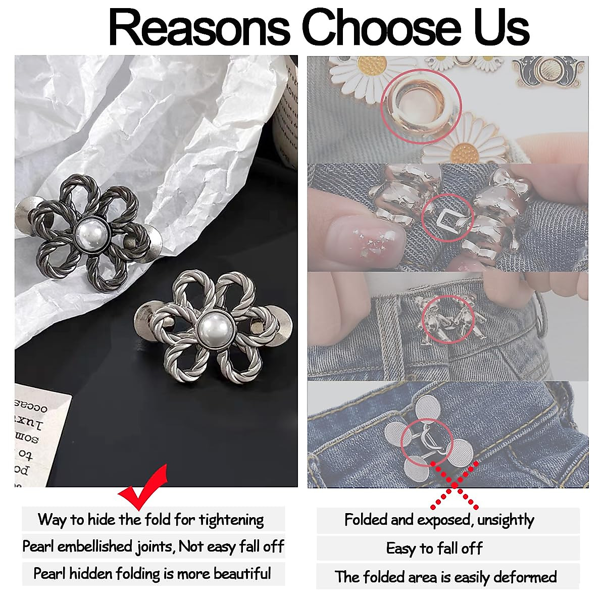 8 Sets Flower Jeans Button Pant Waist Tightener, Adjustable Waist Buckle Sets No Sew and No Tools Detachable Decorative Waist Buckles, Jean Buttons Pins for Loose Jeans, Pants, Skirts, Sleeves