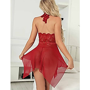 Dewinya Womens Sexy Lace Keyhole Front Babydoll Lingerie Halter Chemise Sleepwear Mesh Mini Slip Dress Large Wine Red