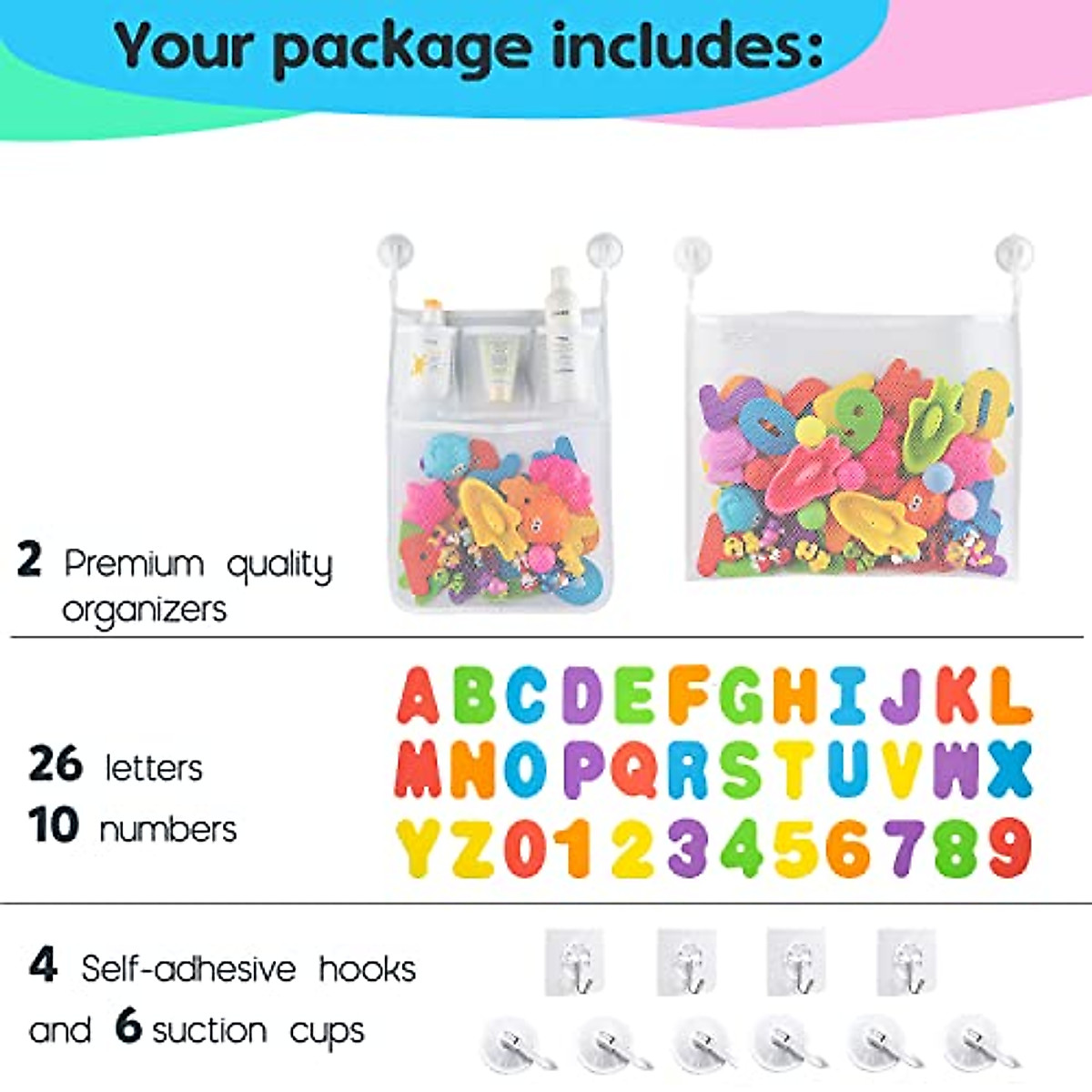 Comfylife 2 x Mesh Bath Toy Organizer + 6 Ultra Strong Hooks + 36 Bath Letters & Numbers – Eco-Safe, Fun, Educational Foam Baby Bath Letters and Perfect Toy Storage Net for Baby Bath Toys & More