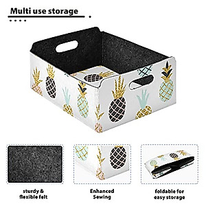 Fabric Storage Cube (Geometric Gold Pineapple) 13.7 × 10.2 × 5.1 inch, Large Capacity Decorative Foldable Storage Basket Organizer with Handles Rectangle Thick for Multi Use