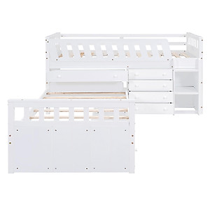 Merax L-Shaped Space-Saving Twin Loft and Platform Bed with 7 Drawers and Full Guardrails, Wooden Bedframe for Boys Girls Adult, No Spring Box Needed, White