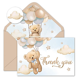 Whaline 24Pcs Bear Thank You Cards Watercolor Bear Balloon Greeting Cards with Envelope Stickers Cartoon Blank Note Cards for Birthday Wedding Baby Shower Party Supplies, 4 x 6 Inch