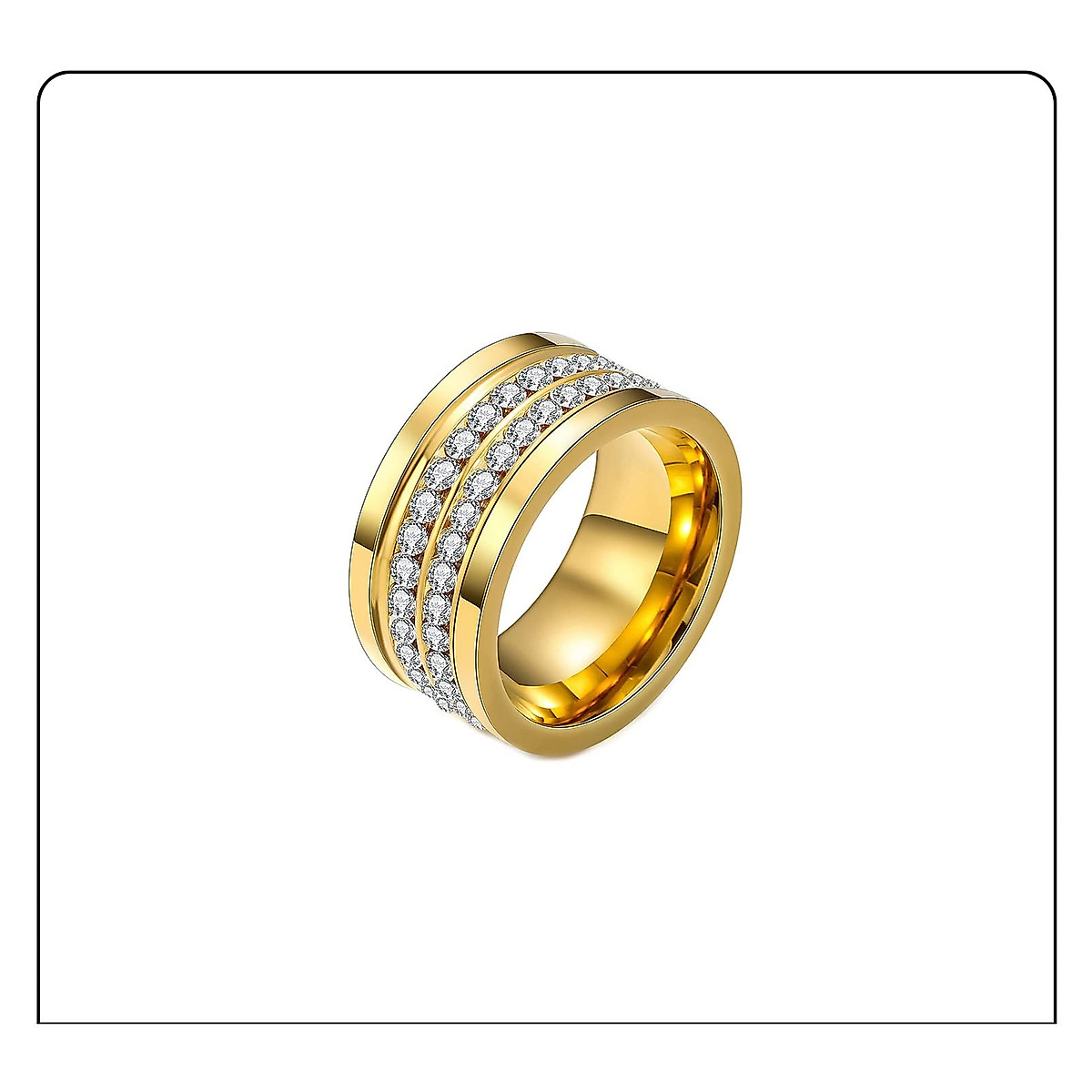 Fusamk Fashion 18K Gold Stainless Steel Band Ring Two Row Crystal Ring(Gold(9))