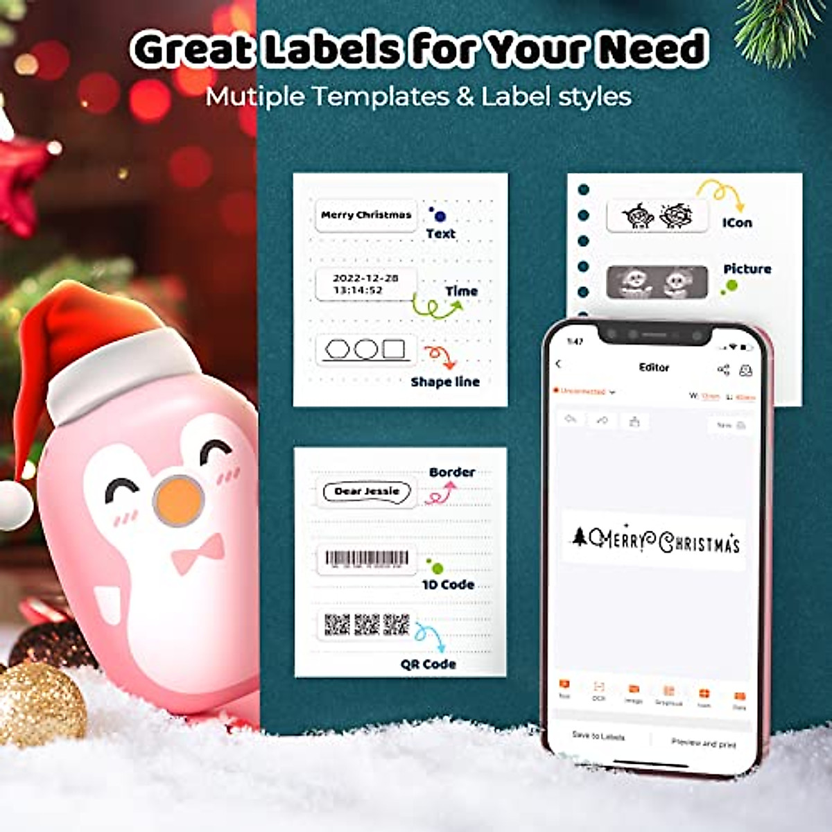 MUNBYN Penguin Label Maker Machine with Tape, Bluetooth Pocket Thermal Label Printer, Handheld Sticker Printer for Christmas Home Kitchen Study Use, Compatible with Android & iOS (Pink)