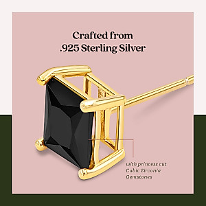 Basket Set Stud Earrings with Square Princess Cut 8x8mm Black CZ - 925 + Gold Plate