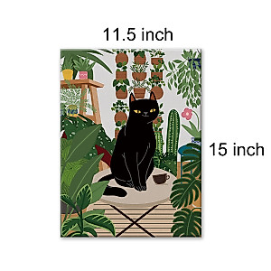 Black Cat and Plants Canvas Wall Art Poster Print, Modern Botanical Black Cat Painting Ready to Hang Home Office Living Room Decor Gift (11.5" x 15")
