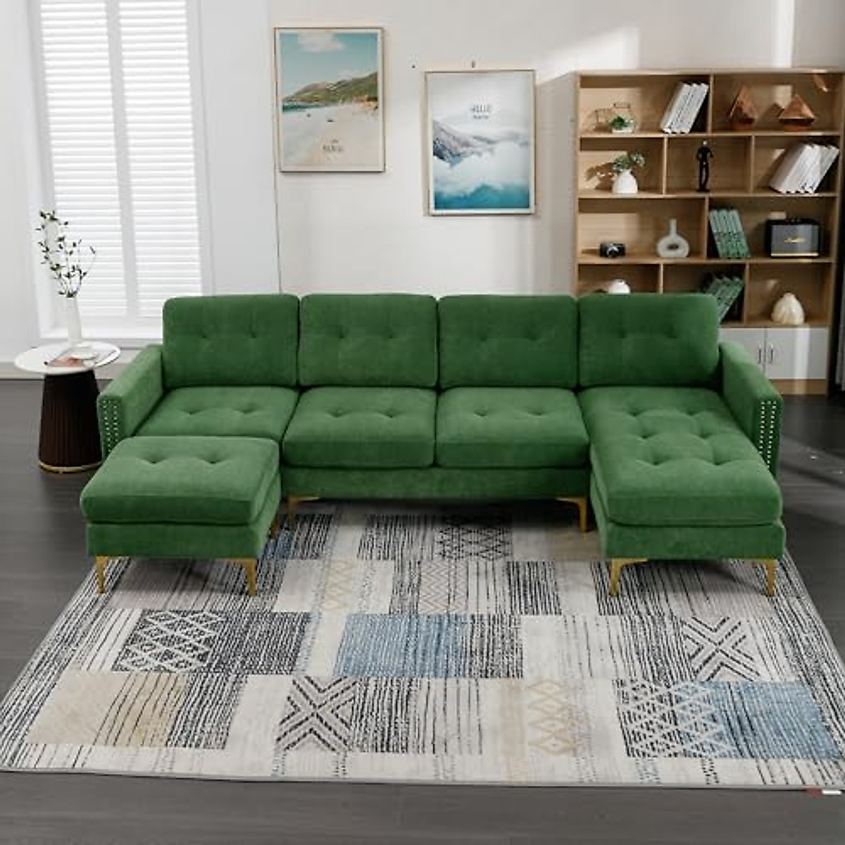 EOVTK Convertible Sectional Sofa with Movable Ottoman, 110" L-Shape Velvet Couch with Golden Metal Legs & Side Storage Pockets for Living Room, Apartment, Office, Green
