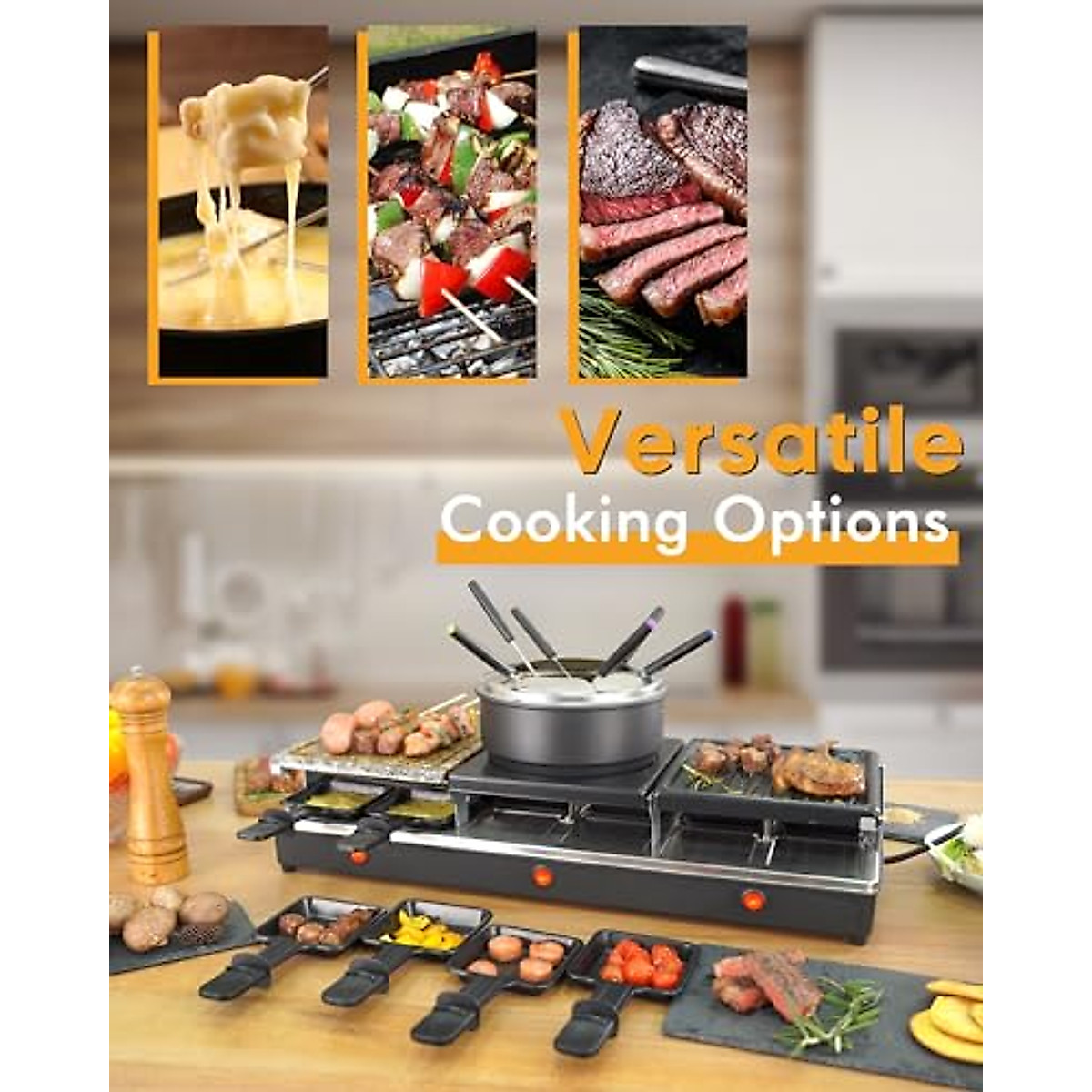 Saenchue Raclette Table Grill - Indoor Electric Grill Griddle - Nonstick Extra Large Reversible 4-In-1 Outdoor Dishwasher Safe with Cheese 12 Paddles 12 Spatulas for 12 Person, FD-12