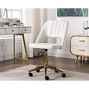 Guyou Desk Chair Armless Office Chair Gold and White, Upholstered Velvet Home Office Chair Cute Vanity Stool for Small Space Teens Study Makeup with Hollow Back, White