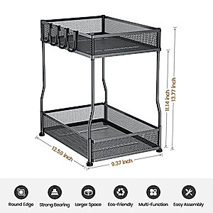 Under Sink Organizers and Storage, Bathroom Cabinet Organizer and Storage, 2 Tier Under Cabinet Organizers and Storage with 4 Hooks, Reinforced Metal Kitchen Sink Cabinet Storage Organizer-2PCK