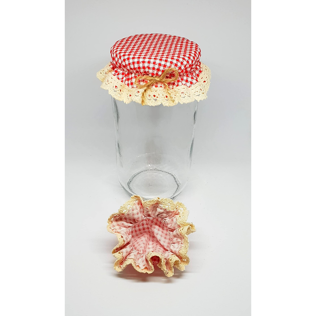 DLK - 10 pieces Elasticated Jar Cover Cloth - 100% Cotton Jar Cover Cloth - Stretchy Red Gingham (Checkered) Pattern - Breathable Fermentation Lid Bowl - Reusable Elastic Cloth Jar Covers