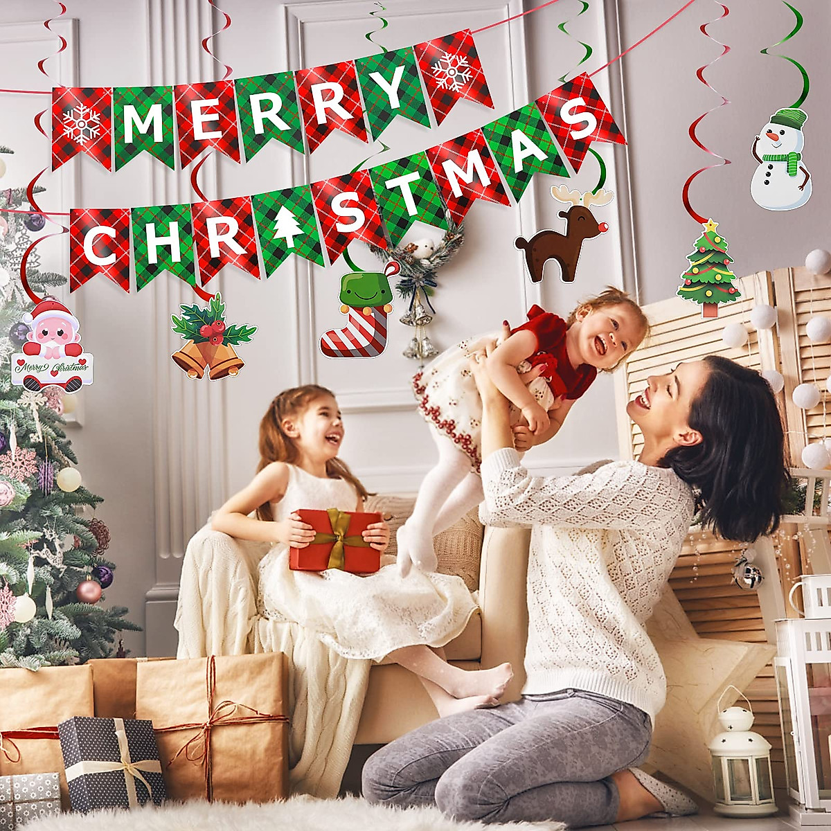 cobee Merry Christmas Banner, Xmas Signs Hanging Banner, Plaid Red Green Christmas Banner with Christmas Tree Santa Elk and Sock Snowman Spiral Strip Ornaments for Home Wall Fireplace Party Supplies