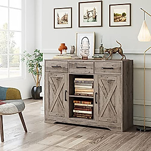 HOSTACK Modern Farmhouse Buffet Cabinet with Storage, Barn Doors Sideboard Buffet Storage Cabinet with Drawers and Shelves, Wood Coffee Bar Cabinet for Kitchen, Dining Room, Living Room, Ash Grey