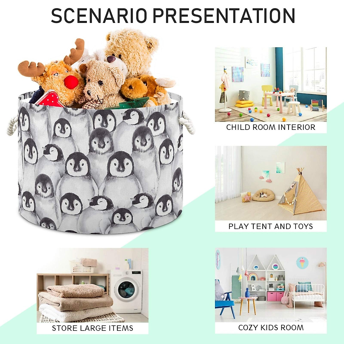 ALAZA Storage Basket Bin Cute Penguins Round Laundry Basket Collapsible Organizer Basket Kids Laundry Hamper with Handles for Nursery Clothes Toys Books Home Decor