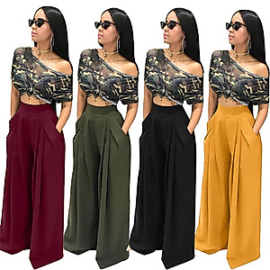 MESLIMA Palazzo Pants for Women High Waist Wide Leg Stretchy Loose Fit Casual Trousers with Pocket