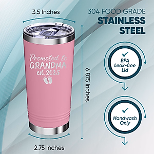 shop4ever Promoted to Grandma Est. 2025 Tumbler Insulated Tumbler 20 oz. with Lid, Stainless Steel Cups Travel Coffee Mug New Grammy Baby Announcement Gift (Light Pink)