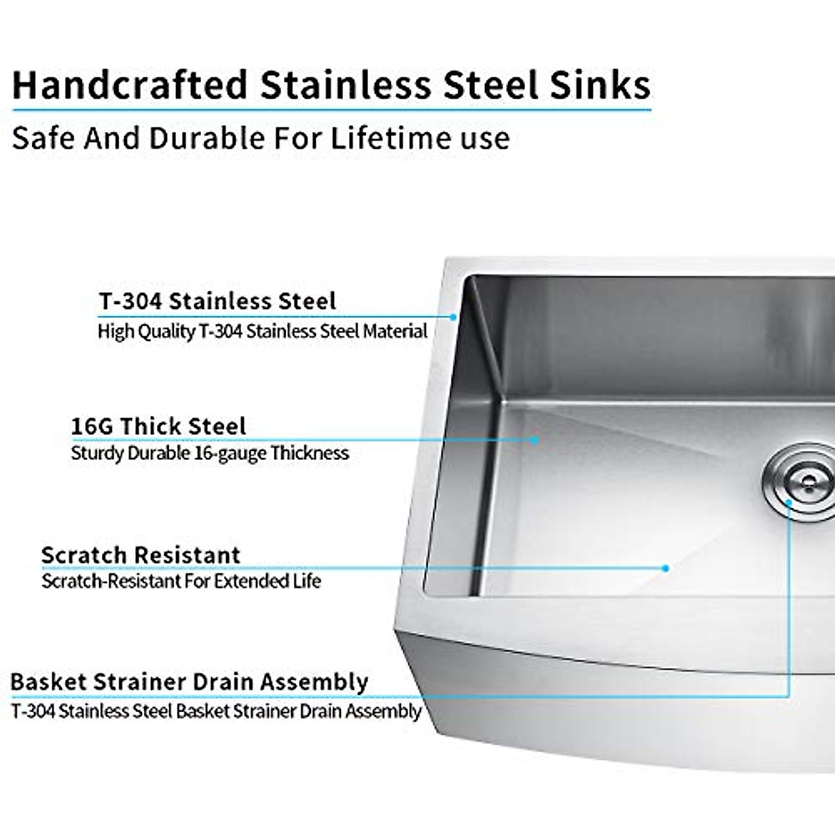 Keonjinn Kitchen Sink, 33-inch Apron-front Farmhouse 16 Gauge Stainless Steel Single Bowl