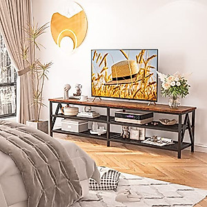 Furologee TV Stand for 65 70 inch TV, Long 63" TV Media Console Table, Industrial Entertainment Center with 3-Tier Storage Shelves for Living Room, Bedroom, Rustic Brown