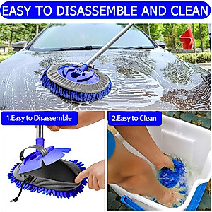 WillingHeart 47.5" Car Wash Brush Mop Cleaning Tool with Long Handle Kit for Washing Detailing Cars Truck, SUV, RV, Trailer, Boat 2 in 1 Chenille Microfiber Sponge Duster Not Hurt Paint Scratch Free