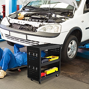 3-Tier Rolling Tool Cart | Mechanic Cart 300 Lbs Capacity | Utility Tool Cart on Wheels | Tool Stand with 4 Swivel Wheels | Heavy Duty Tool Storage Cart for Garage Warehouse Workshop (Black)