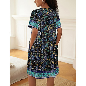Ekouaer House Dress for Women Button Down Nightgown Short Sleeve Housecoat with pockets S-4XL,Navy Blue Flower,XL