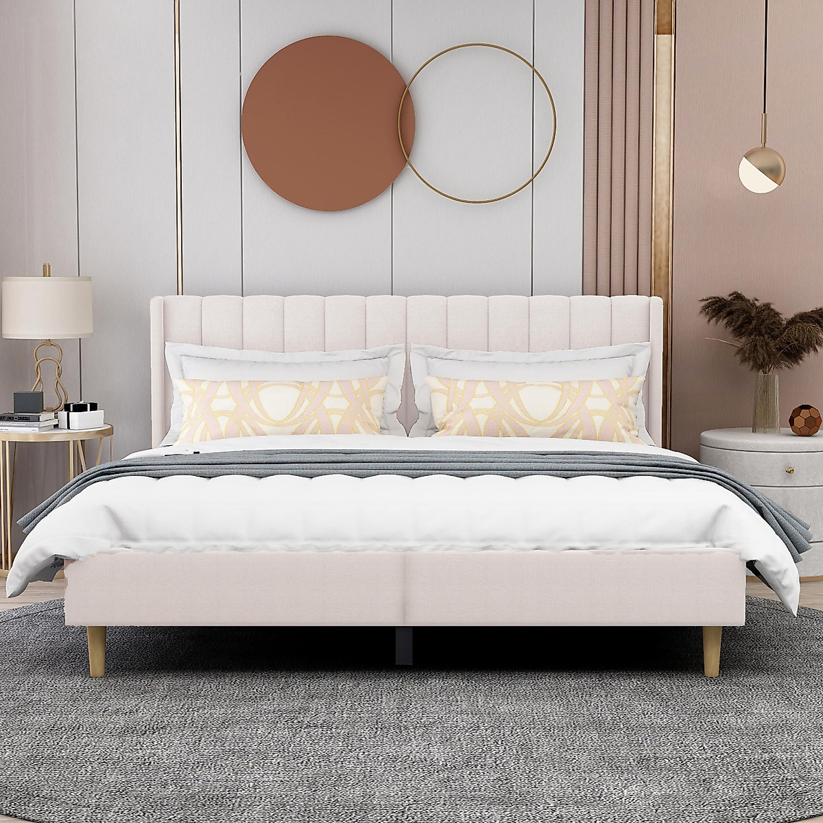 AGARTT Upholstered Platform Bed Frame King Size with Headboard and Footboard/Wooden Slats Support/No Box Spring Needed/Easy Assembly, Beige Velvet