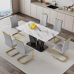Pvillez 63 inch Marble Dining Table, Modern Dining Table for 4 6 People, Kitchen Table with Rectangular White Faux Marble Top & V Shape Pedestal Base Dinner Table for Dining Room Kitchen Living Room