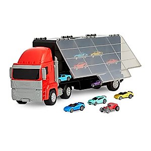 Driven by Battat – Toy Truck Car Carrier — Truck Toy with 34 Storage Space – 10 Pull Back Cars Included – Detachable Trailer – Gift Toy Car for Boys & Girls & Toddlers Aged 3+