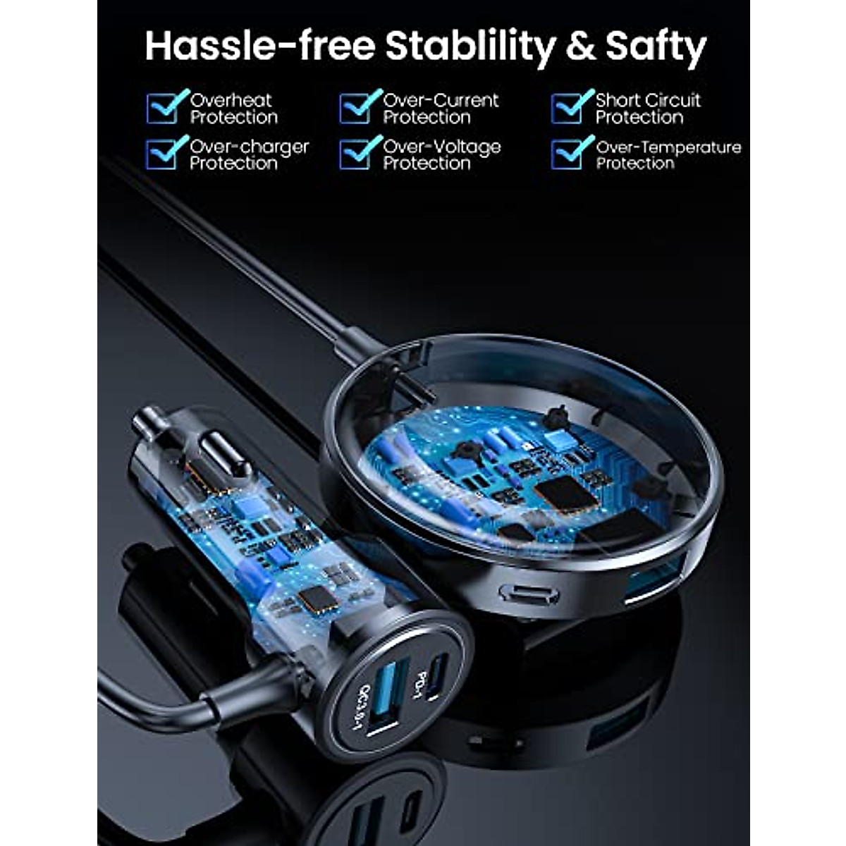 MOKPR 5 Multi USB Car Charger, 98W Fast Car Charger Adapter for Multiple Devices, PD & QC3.0 Cigarette Lighter Adapter Car Cell Phone Charger with 5FT Cable for iPhone 14/13 iPad Samsung Android