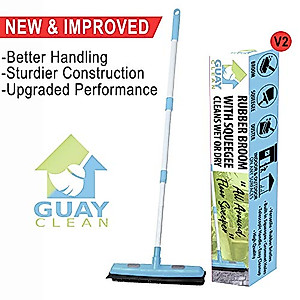 Guay Clean Rubber Push Broom Pet Hair Fur Removal Soft Bristle Sweeper for Carpet and Floor, Squeegee and Grommet for Pads and Towels -Telescopic Pole up to 50 Inches - Blue