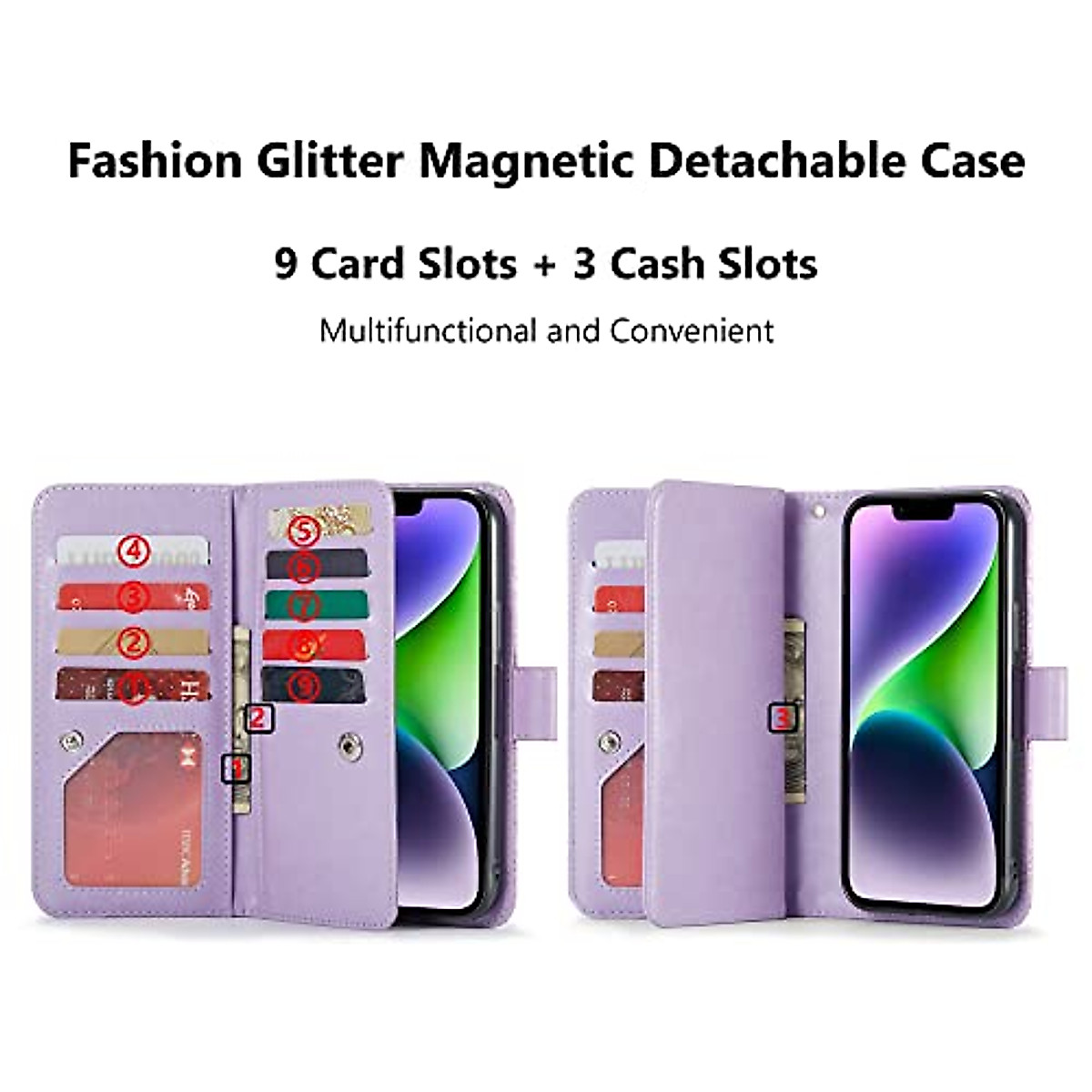 Varikke iPhone 14 Wallet Case for Women - 6.1" Light Purple Glitter PU Leather, Card Holder, Detachable Magnetic Case & Strap