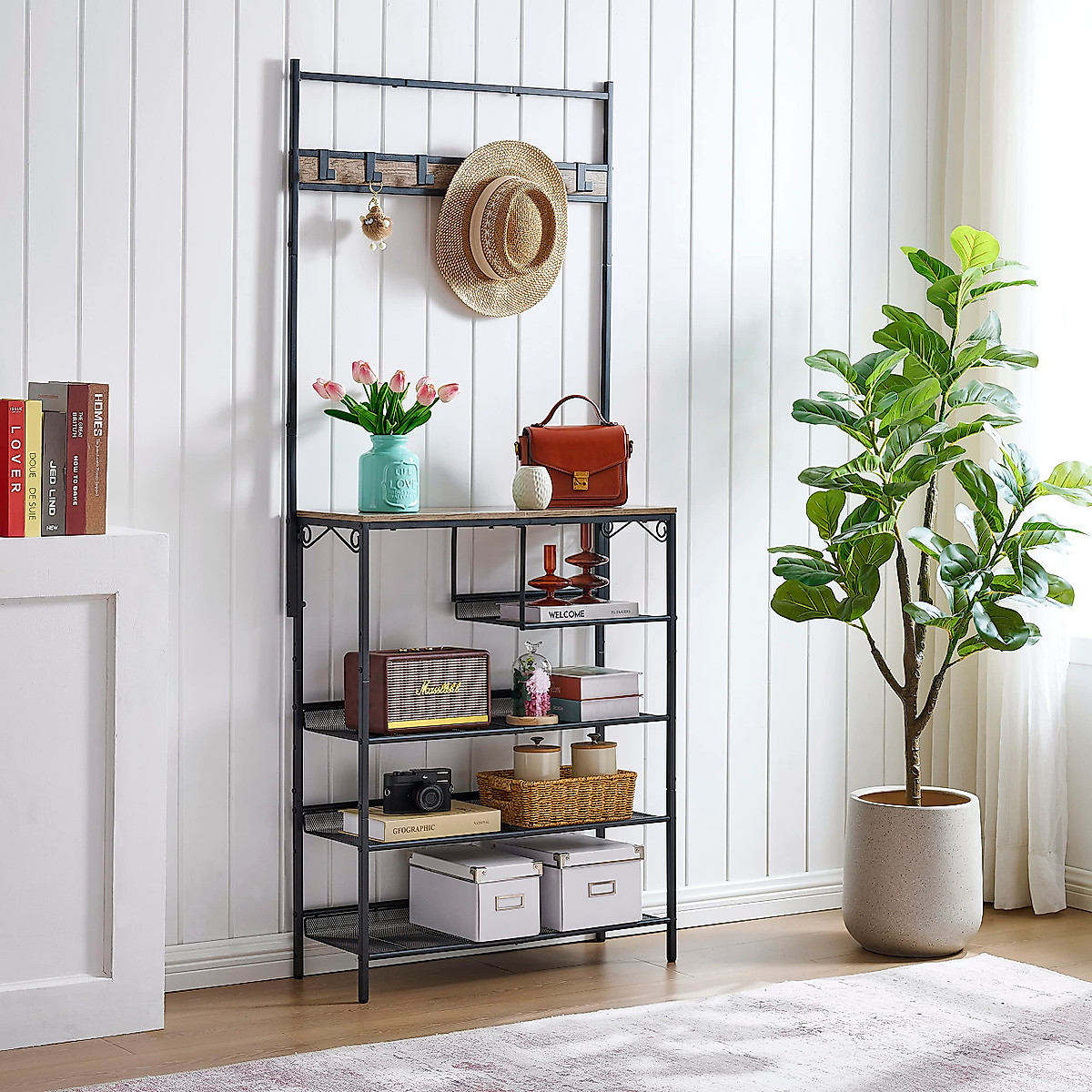 Hoctieon 5-Tier Hall Tree with Shoe Rack, Hall Trees for Entryway with Storage, Hall Tree with Bench and Shoe Storage, Mesh Slant, Greige