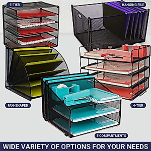 Office Desk Organizer Metal Mesh with 3 Paper Trays and 2 Vertical Upright Sections, Desktop File Holder for Letter Size A4, Folders, Stationary, and Desk Accessories