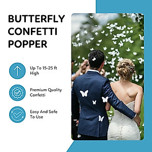 6 Pack White Butterfly Wedding Confetti Cannon Poppers | Biodegradable Butterfly Confetti | TUR Party Supplies | Up to 25ft | Giant (12”) | Party Poppers for Weddings, Birthdays, and Graduations