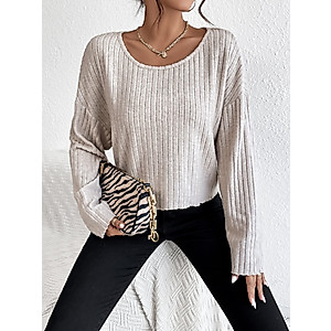 SweatyRocks Women's Long Sleeve Boat Neck Plain Tee Casual Drop Shoulder Rib Knit T Shirt Crop Top Apricot L