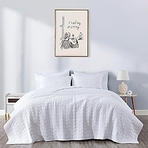 Chezmoi Collection Madrid 3-Piece Vintage Washed Solid Cotton Quilt and Shams Set (King, White)