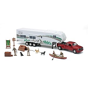 NewRay Toys Die Cast Pick Up Truck with Camper Trailer and Accessories