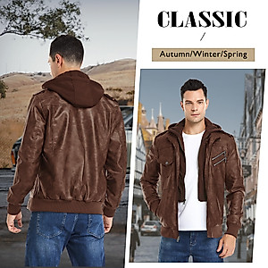 JYG Men's Faux Leather Jacket Stand Collar Motorcycle Bomber Jackets with Removable Hood (Brown,M)