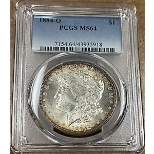 1884 O Morgan silver dollar, bright, reddish bronze rim toning $1 PCGS MS-64