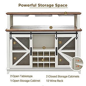 OKD Coffee Bar Cabinet with Storage, 55" Farmhouse Kitchen Buffet Sideboard w/Sliding Barn Door & Adjustable Shelves, Home Liquor Cabinet w/LED Lights & Wine Racks for Dining Room, Antique White