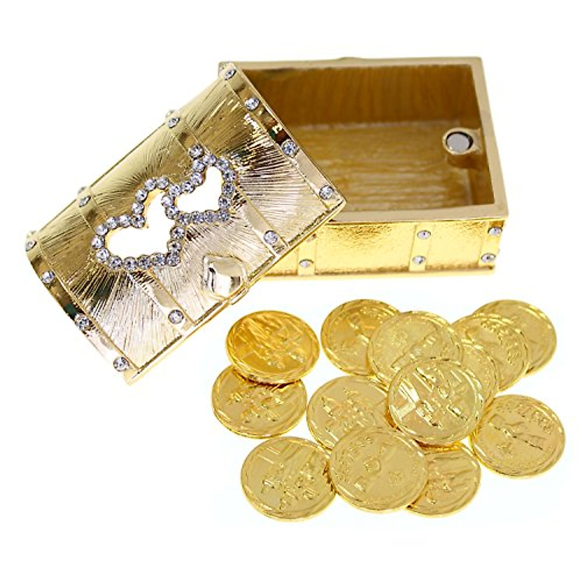Wedding Unity Coin Set - Arras de Boda - Double Heart Box with Decorative Rhinestone Crystals 68 (Gold)