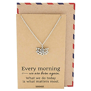 quan jewelry Yoga Lotus Flower Pendant Necklace with Om Symbol, Happy Birthday Gifts Ideas for Mom, Daughter, Women with Inspirational Quote on Gift Card (Silver Tone)