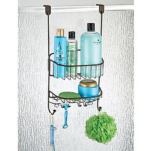 mDesign Steel Over Door Hanging Shower Caddy Storage Organizer with 2 Baskets, 6 Hooks - Shower Shelf Rack for Bathroom - Holds Shampoo, Conditioner, Soap, Towel, Sponge - Draper Collection - Bronze