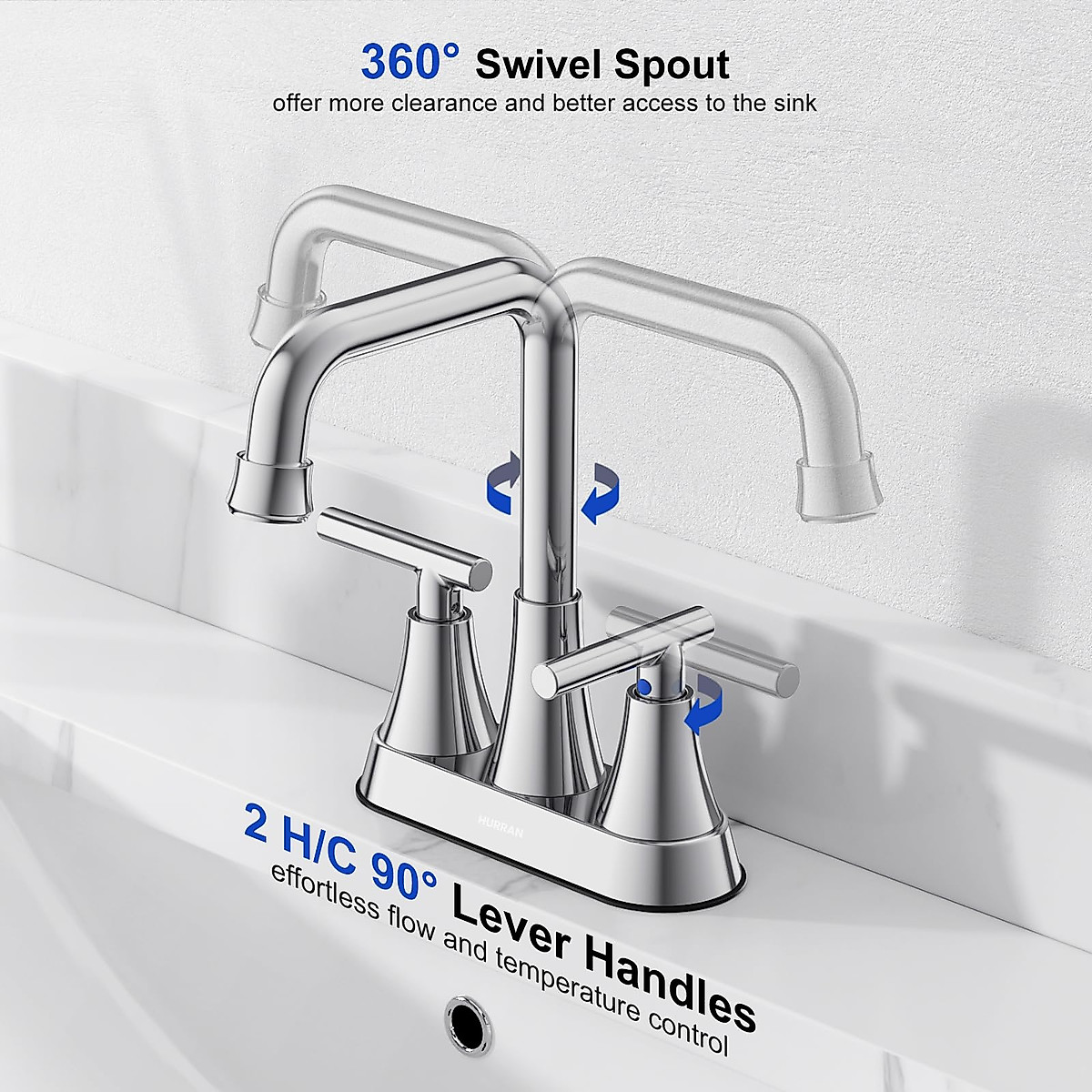 Bathroom Sink Faucet, Hurran 4 inch Chrome Bathroom Faucets for Sink 3 Hole with Pop-up Drain and Supply Lines, Stainless Steel 2-Handle Centerset Faucet for Bathroom Sink Vanity RV Restroom