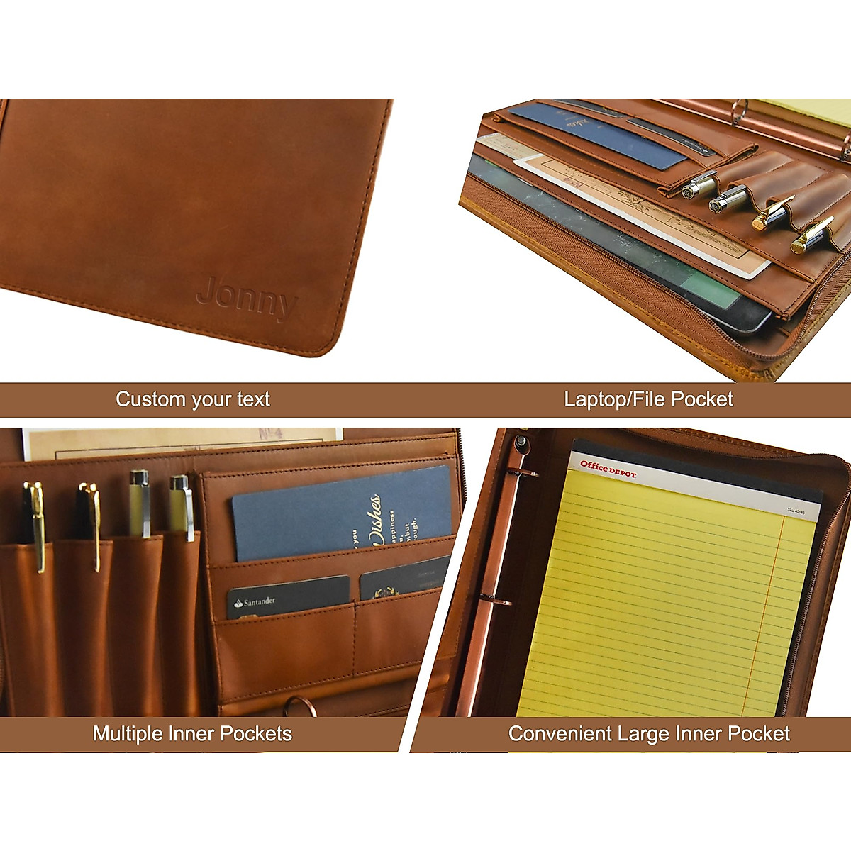 Free Name Engraved, Personalized Leather Portfolio Binder for Men, 3 Ring Binder Custom Padfolio Folder, Handmade Professional Business Organizer with Zipper, Gift for Men/Women, Customized, Brown